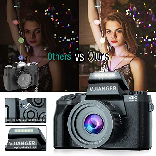 VJIANGER Digital Camera 4K Vlogging Camera 64MP Mirrorless Cameras for Photography with Dual Camera, WiFi, 52mm Fixed Lens, 4.0" Touch Screen, 32GB SD Card & Camera Bag(W05-Black2)