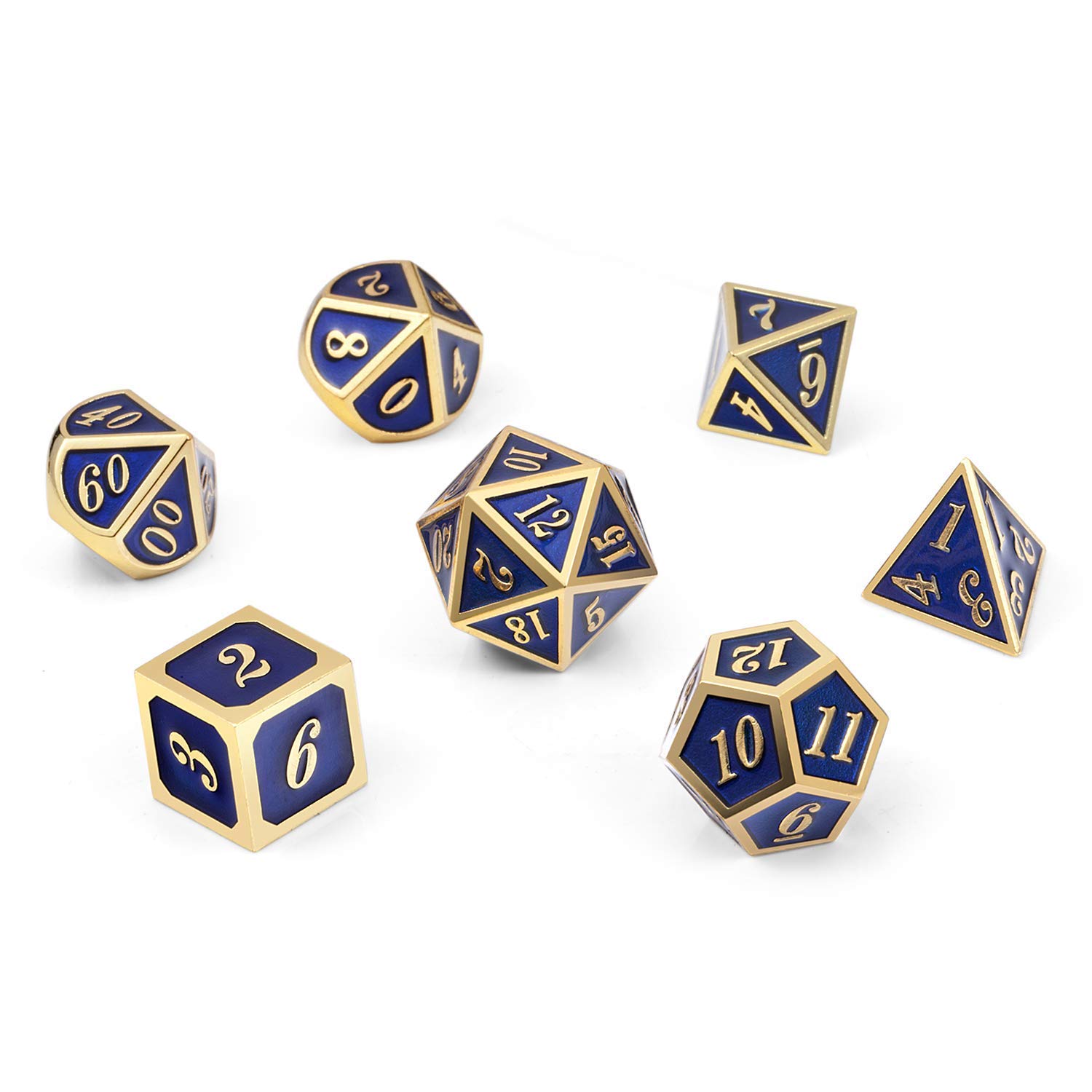Set of 7 Metal Dice Set with Storage Box - Royal Blue with Gold Numbers - Includes D4, D6, D8, D10, D12, D20 and D% by SciencePurchase