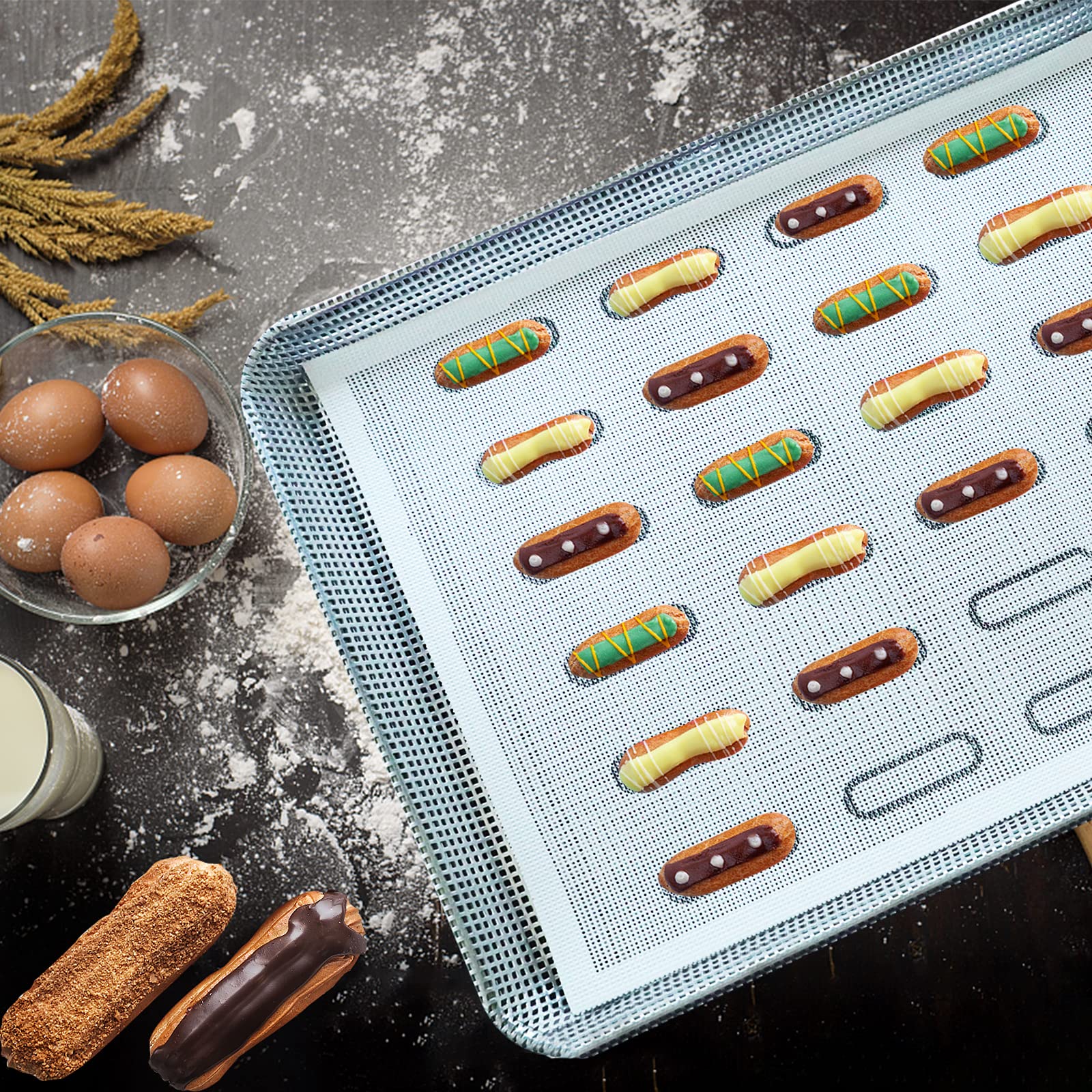 Firsmat 2 Pk Perforated Eclair Mesh Mat Silicone baking mats for Bread Tartlets Cookies Oven Sheets (11-4/5" x 15-3/4")