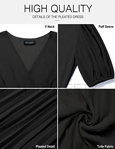 MEROKEETY Womens 2023 Summer Puff Sleeve Wrap V Neck Pleated Flowy Midi Dress for Wedding Guest,Black,M