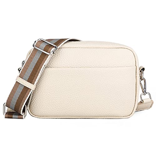 Efilra Crossbody Bag for Women, Small Leather Camera Purse Thick Strap Cross-body Bags, Triple Zip Shoulder Handbag with Guitar Strap, Beige