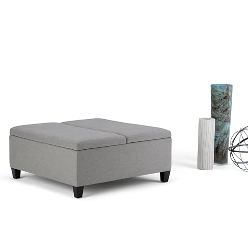 SIMPLIHOME Ellis 36 inch Wide Contemporary Square Coffee Table Storage Ottoman in Dove Grey Linen Look Fabric, Assembled, For the Living Room and Bedroom
