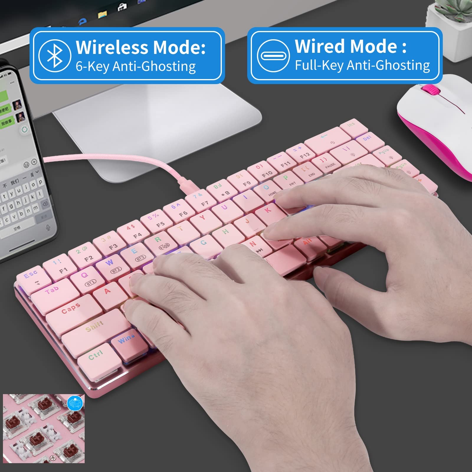chuangquan CQ009 Mechanical Wireless/Wired Gaming Keyboard Bluetooth 5.0 RGB Backlit Brown Switch Compact 69 Keys Compatible with PC, Laptop and Smartphone (Pink)
