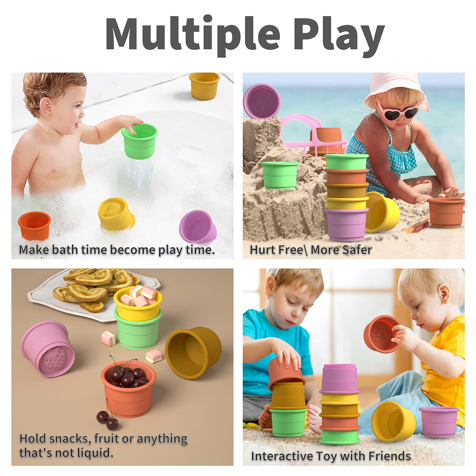 TYRY.HU Soft Silicone Stacking Cups Toy, 5 PCS Montessori Toys for 10+ Months Toddlers, Building Toys Nesting Cups Toys for Educational Develop Learning, Bathing Toy with Fruit Pattern, Colorful