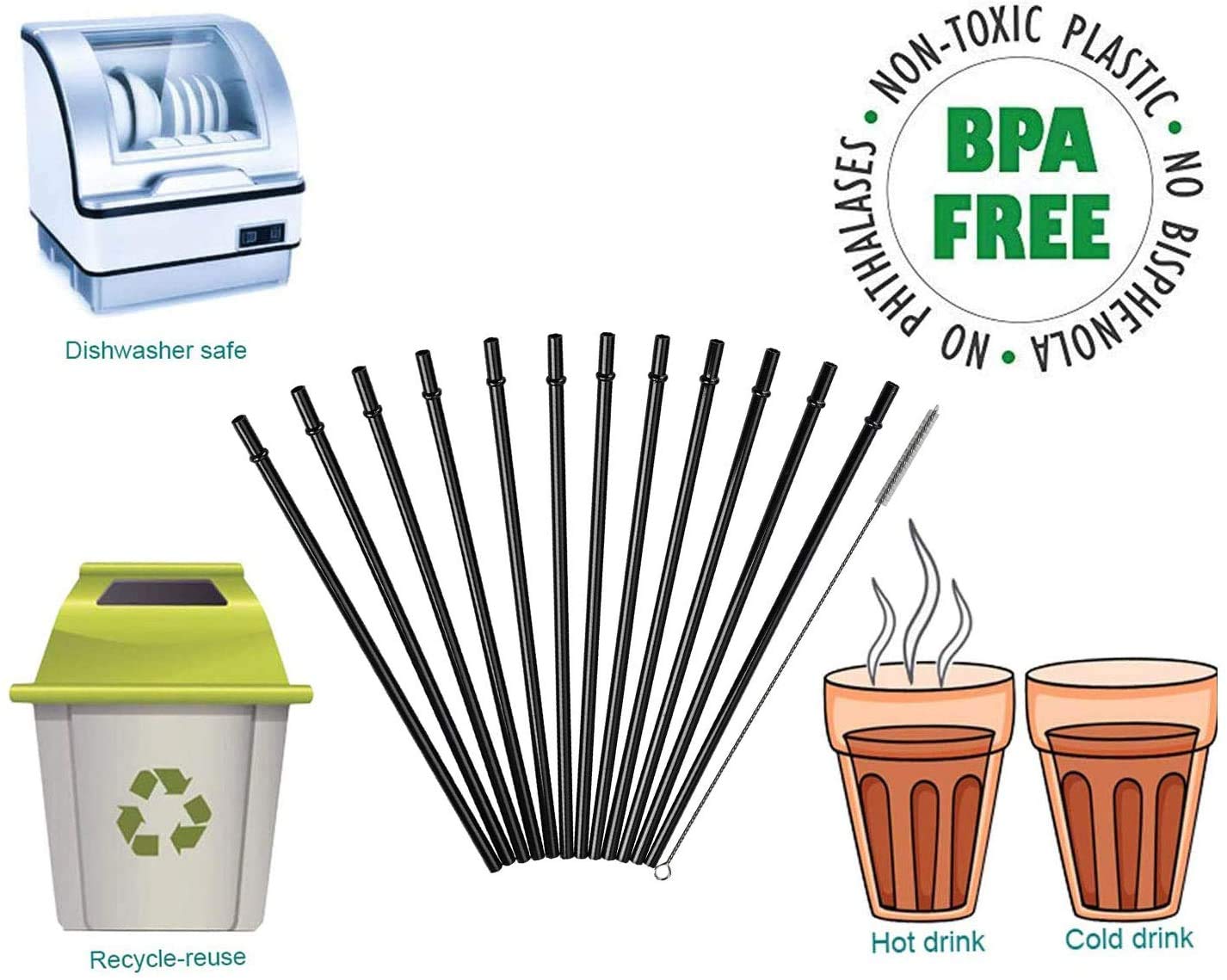 DAKOUFISH 13 Inch Long Black Reusable Plastic Replacement Drinking Straws for 40 oz & 50 oz Mason Jar,Tumblers, Set of 12 with Cleaning Brush (13inch, Black)