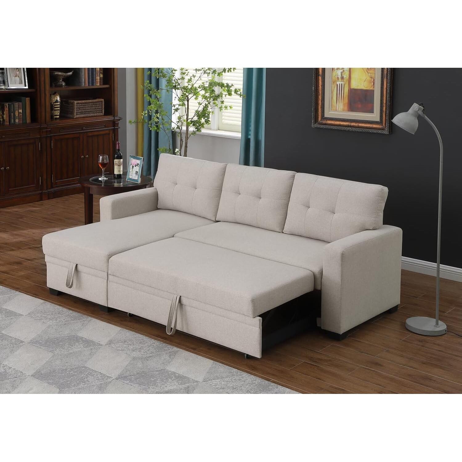 HomeStock City Chic L-Shaped Fabric Reversible, Easy Convertible Pull-Out Sleeper Sectional Sofa/Storage Chaise with Tufted Back Cushions and Track Arms-Beige