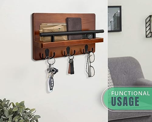Comfify Natural Pine Wood Key Holder for Wall - Modern Decorative Finish with Metal Key Hooks and Mail Organizer/Sorter Slot - White