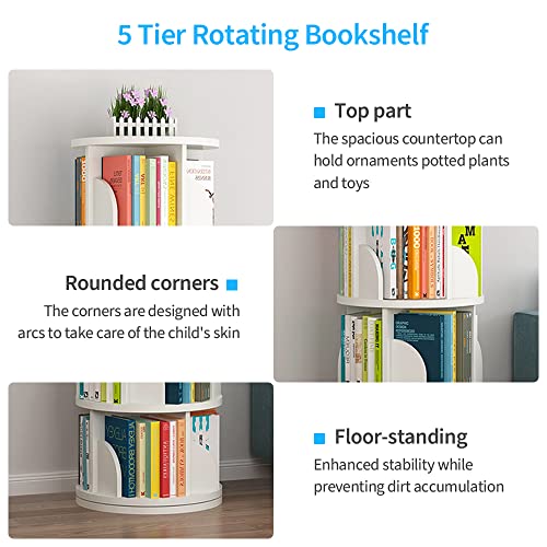 Nisorpa 5 Tier Rotating Bookshelf, 360° Revolving Bookcase Rotating Stackable Shelves Floor-Standing Storage Display Rack Used in Bedrooms Living Rooms Study Office (63"x18"x18")