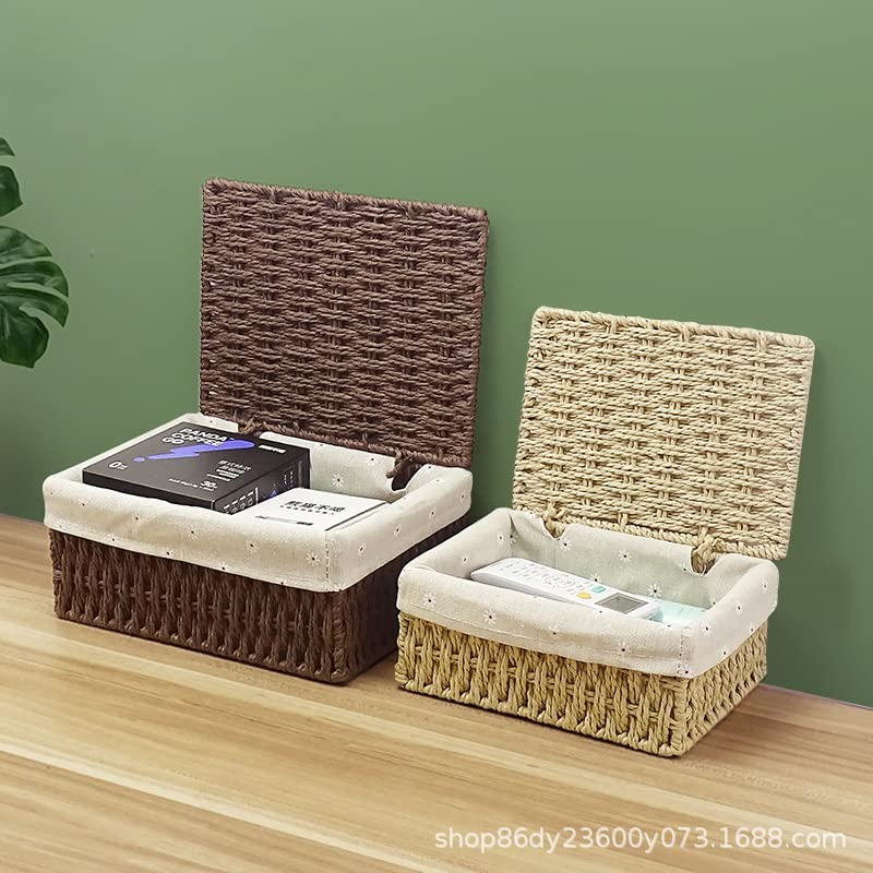 Straw Desktop Storage Basket Desktop Is Not Messy Used For Storage Of Daily Necessities Bedroom Kitchen Storage Box Cloth Art Dustproof Three-Piece Set (Beige)