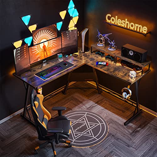 Coleshome Computer Desk L Shaped Gaming Desk, 51'' Computer Corner Desk with 2 Monitor Stands, Home Office Desk with Hook and Cup Holder, Space Saving, Easy Assembly