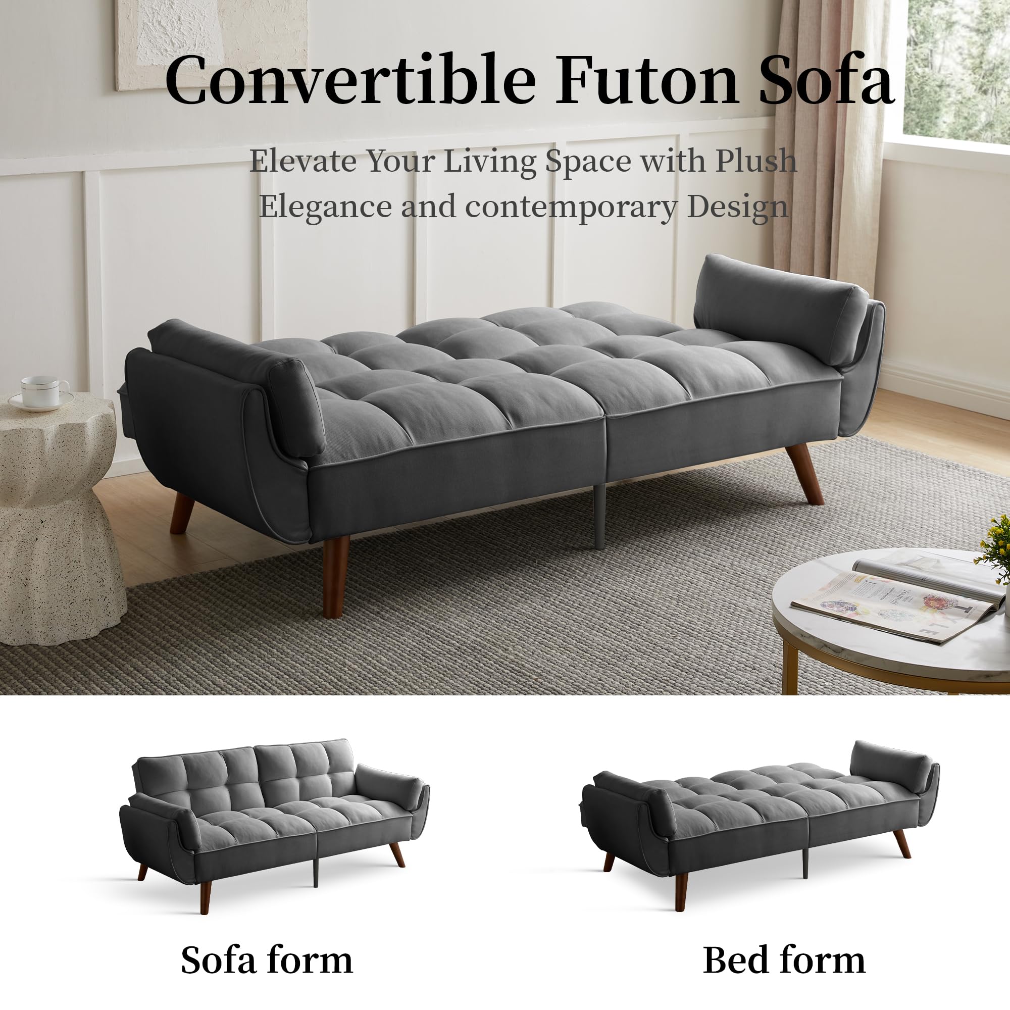 HIPIHOM Convertible Futon Sofa Bed, 74.8″Fabric Futon Couch with 3 Levels Adjustable Backrest, Folding Futon Sleeper Sofa for Living Room, Apartment, Office, Guest Room (Grey)