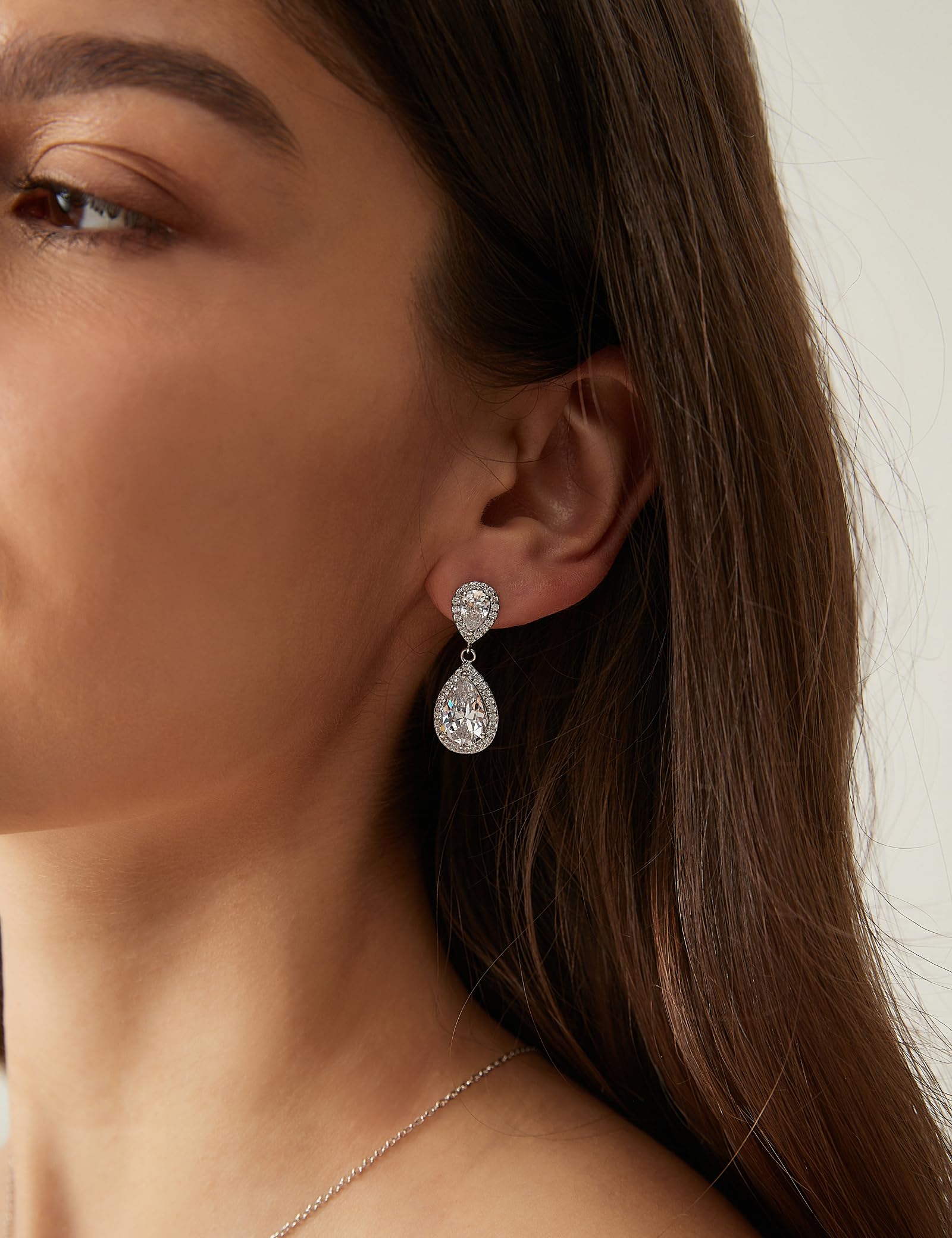 EAMTI Silver Dangle Earrings for Women Cubic Zirconia Teardrop Bridal Wedding Earrings 925 Sterling Silver Post Rhinestone Earring