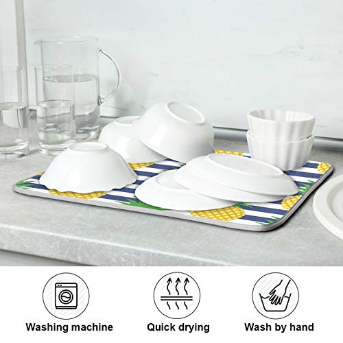 Striped Pineapple Pattern Dish Drying Mat 24"x18" Absorbent Machine Washable Hanging Fast Dry Pad Dish Protective Mat for Kitchen Countertop Heat Resistant Dinner Table Mat