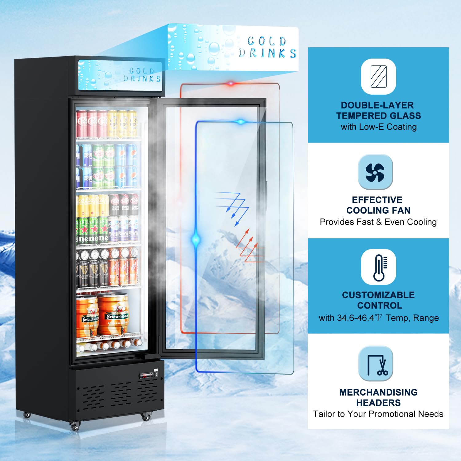 FreezLabs Glass Door Refrigerator Commercial Beverage Refrigerators with LED Light, 12 cu.ft and 5 Shelves, Display Refrigerator for Cafe Restaurant Store Bar, ETL/NSF Approved
