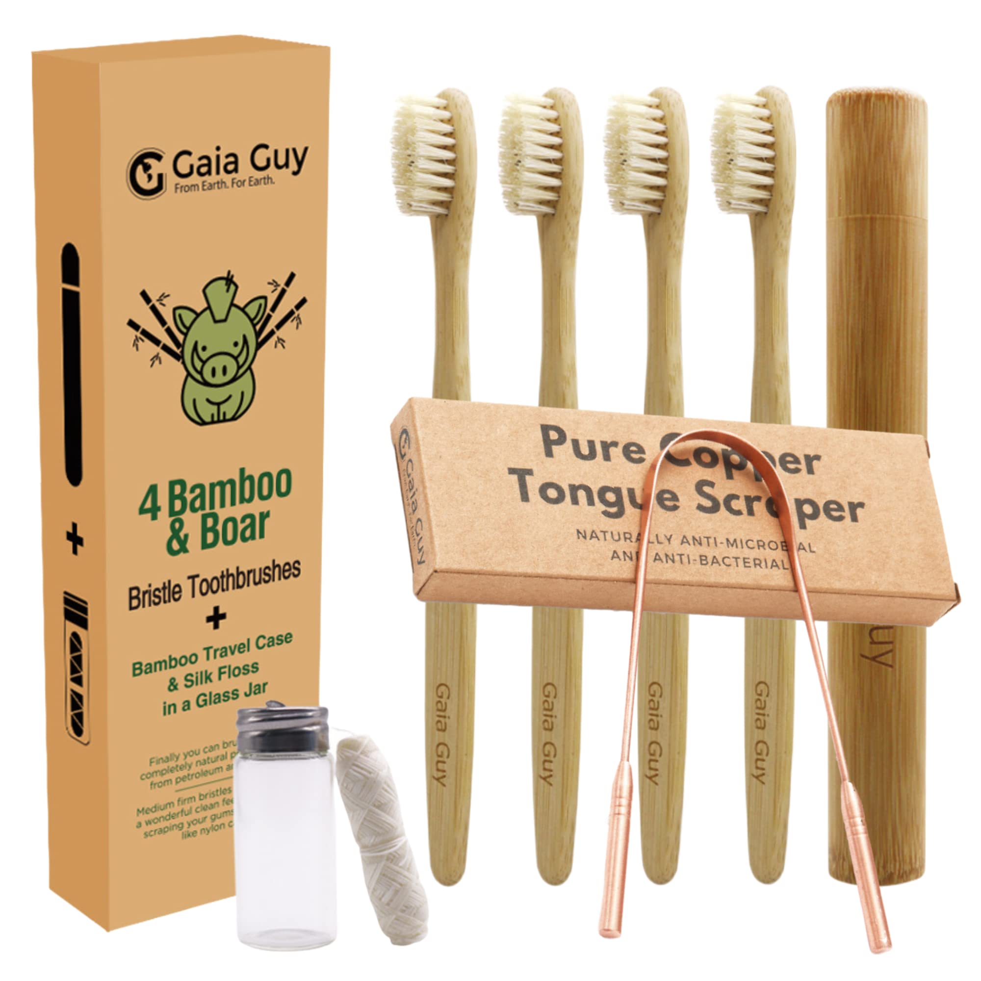 Gaia Guy Plastic-Free Eco Dental Kit - Bamboo and Boar Bristle Toothbrushes, Silk Floss, Travel Case and Copper Tongue Scraper