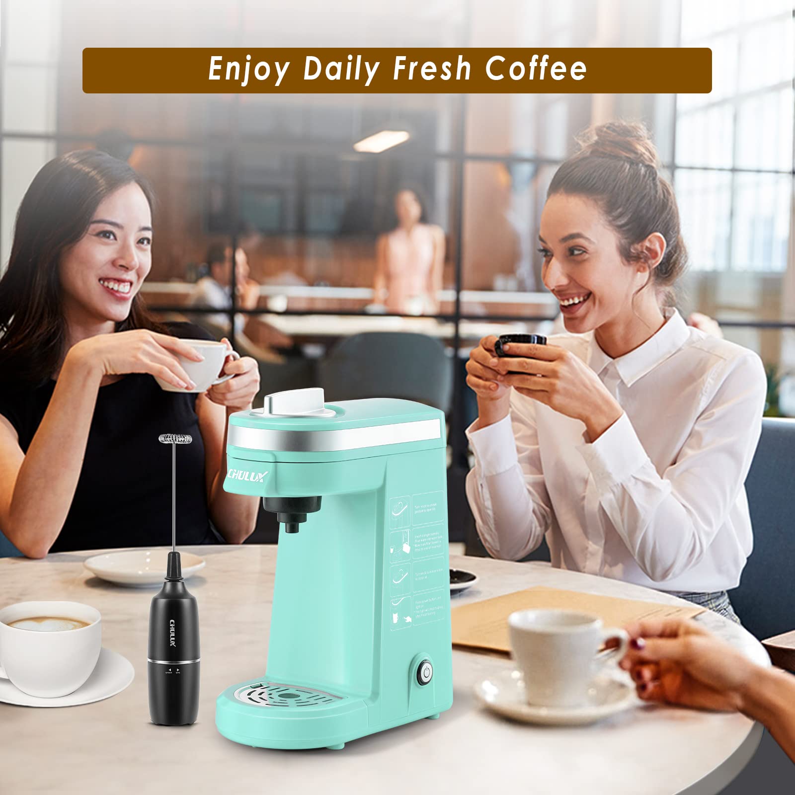 CHULUX Single Cup Coffee Maker with Milk Frother,One Button Operation Compact Coffee Machine with Auto Shut-Off for Capsule or Ground Coffee,Cyan
