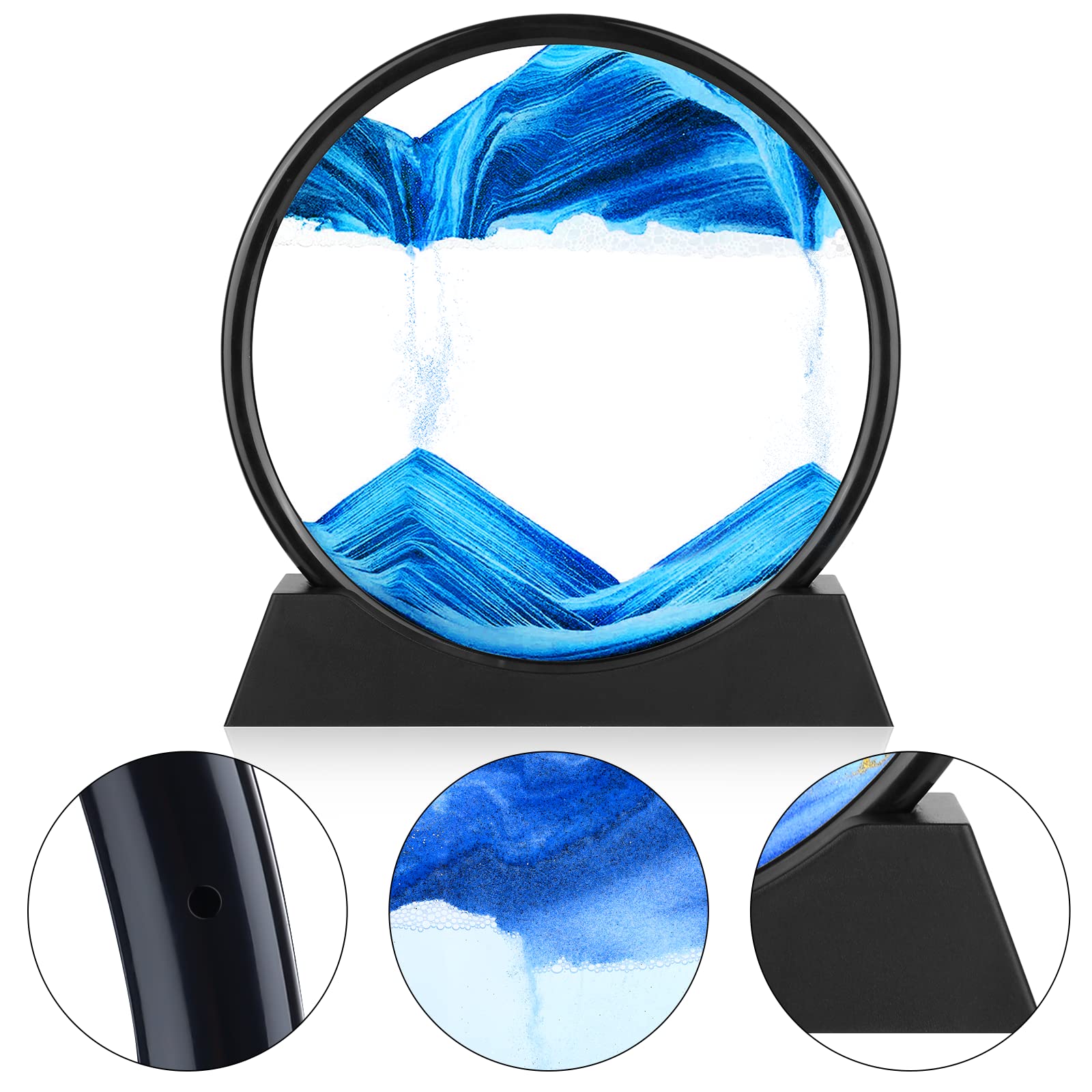 costand Moving Sand Art Picture with Round Glass, 3D Deep Sea Sandscape in Motion Display, Flowing Arc Frame Relaxing Desktop Home Office Work Decor, Room Decoration(7' Blue, 7''
