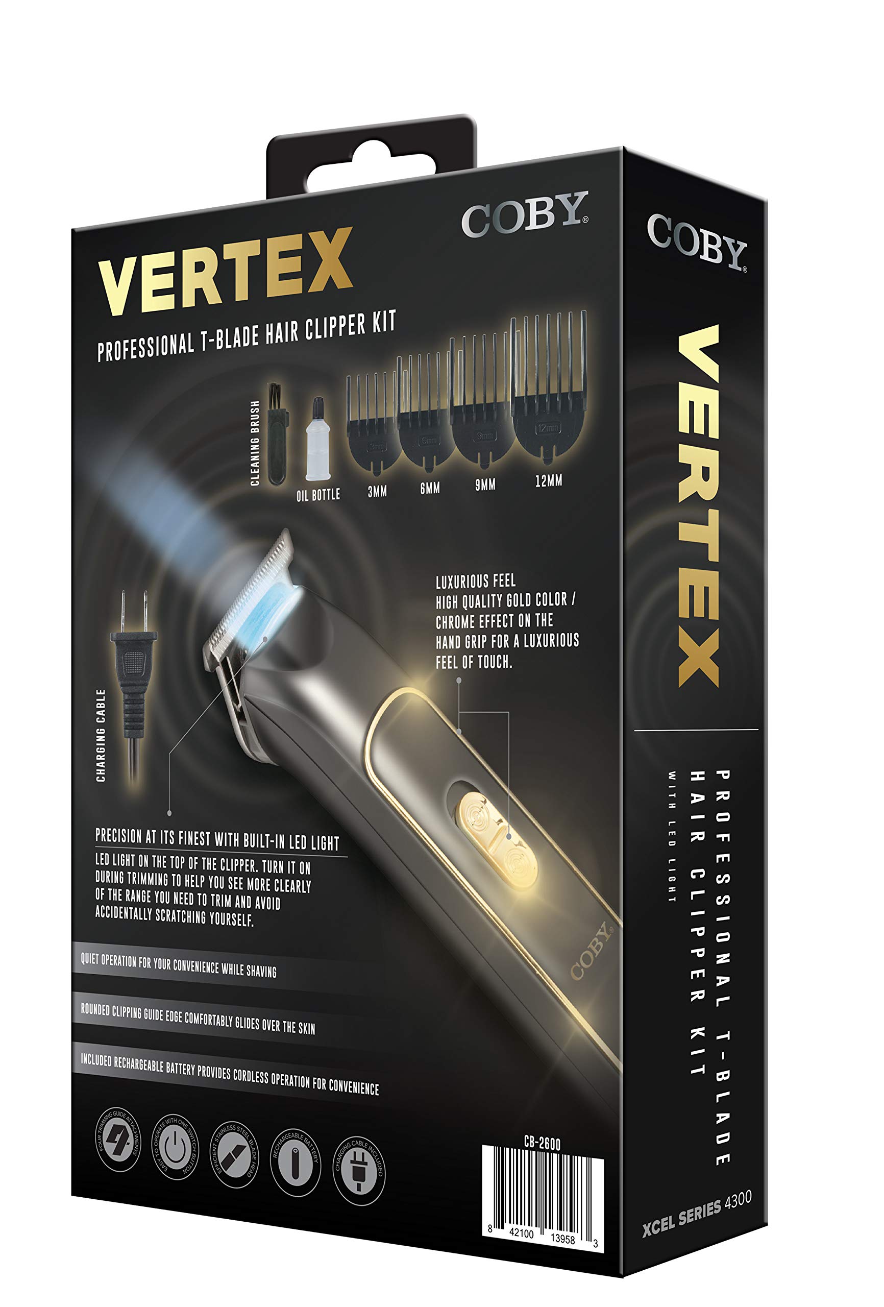 COBY VERTEX Men's Grooming Professional Clipper Rechargeable T-Blade Hair Trimmer with Guide Light