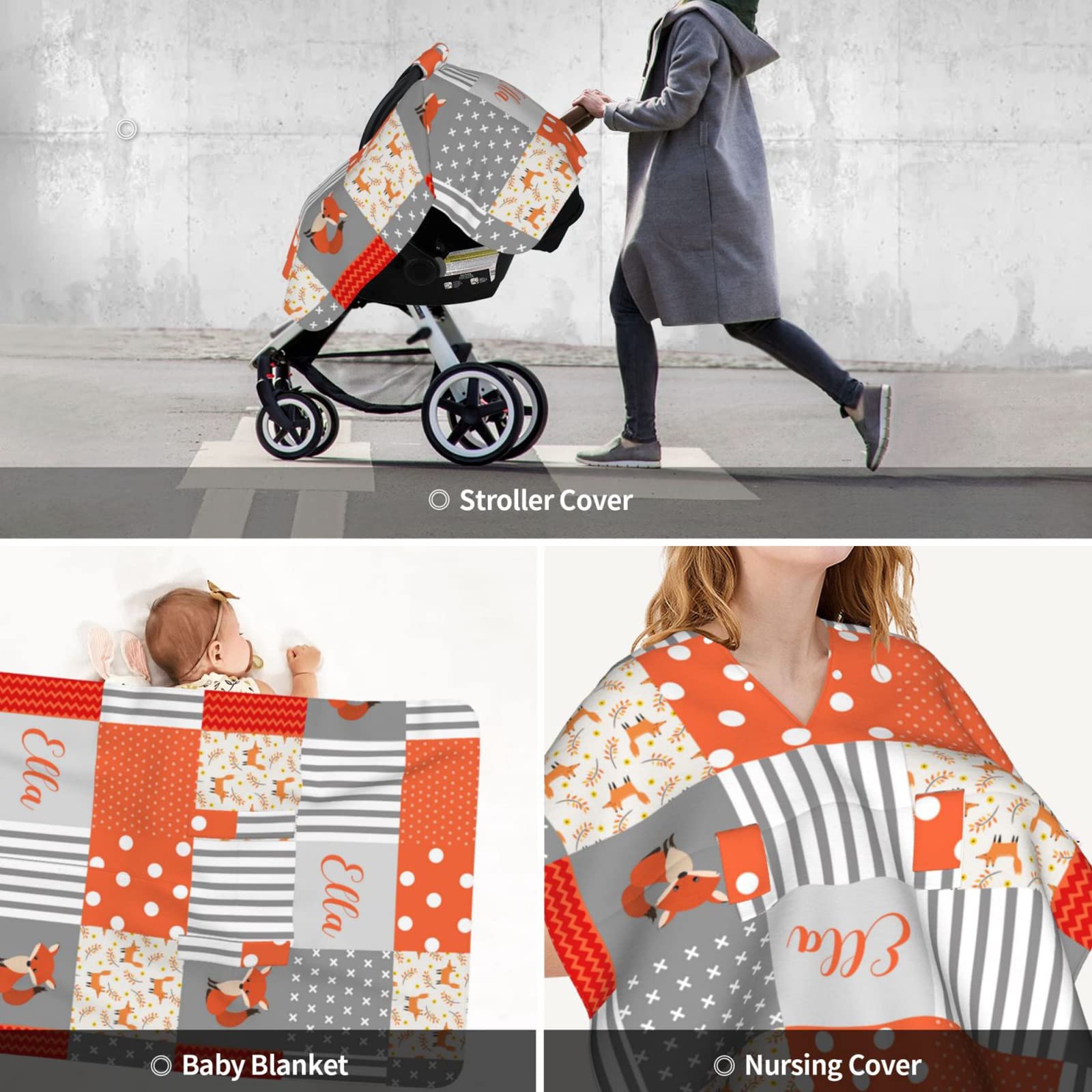 Personalized Fox Plaid Baby Infant Car Seats Canopy for Babies with Name, Custom Multi-use Blankets for Baby Boys Girls, Peekaboo Minky Nursing Breastfeeding Stroller Cover Canopies for Newborn