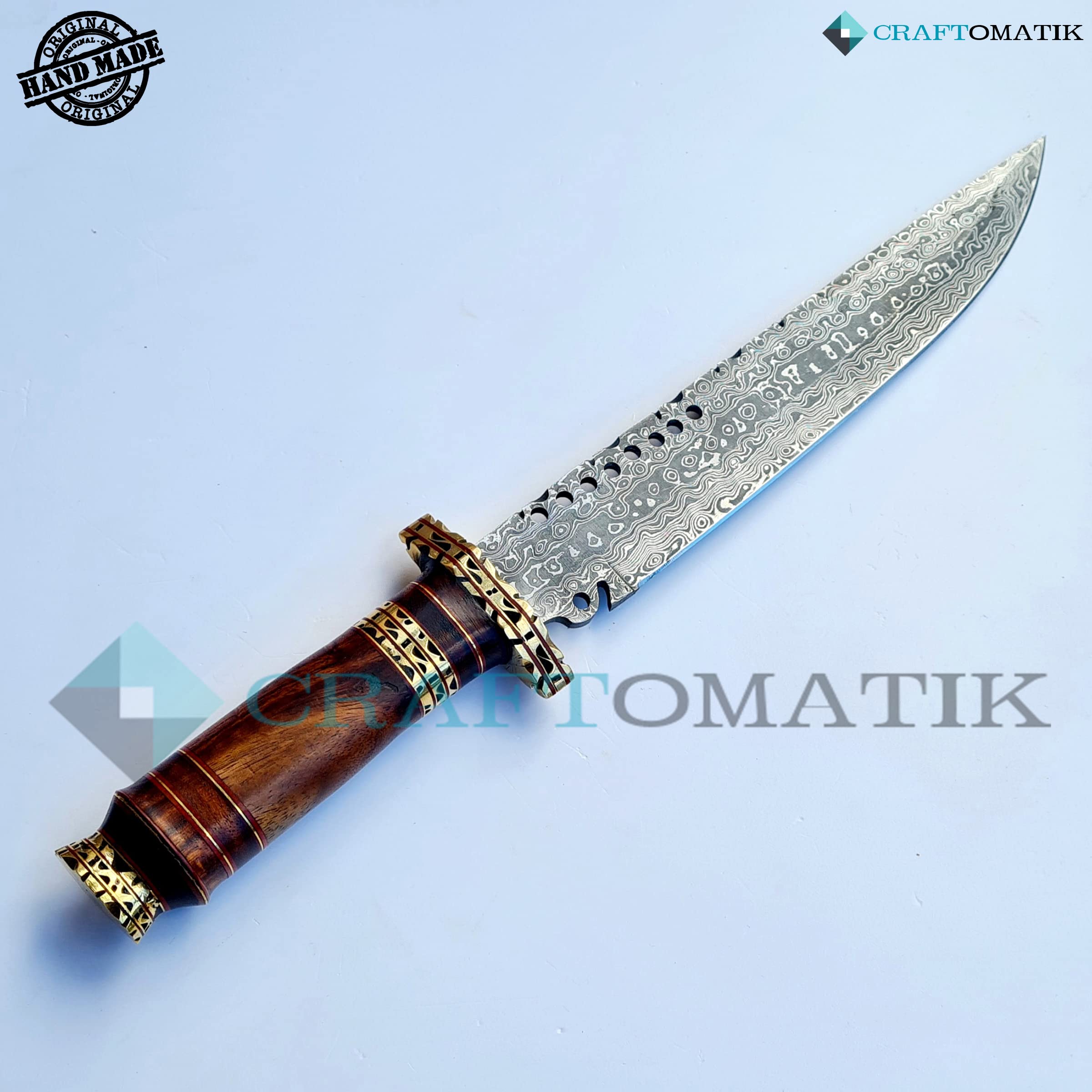 CRAFTOMATIK Hunting Knife Elite | Damascus Steel Walnut Wood and Brass Bowie DHK91, brown, 40 cm