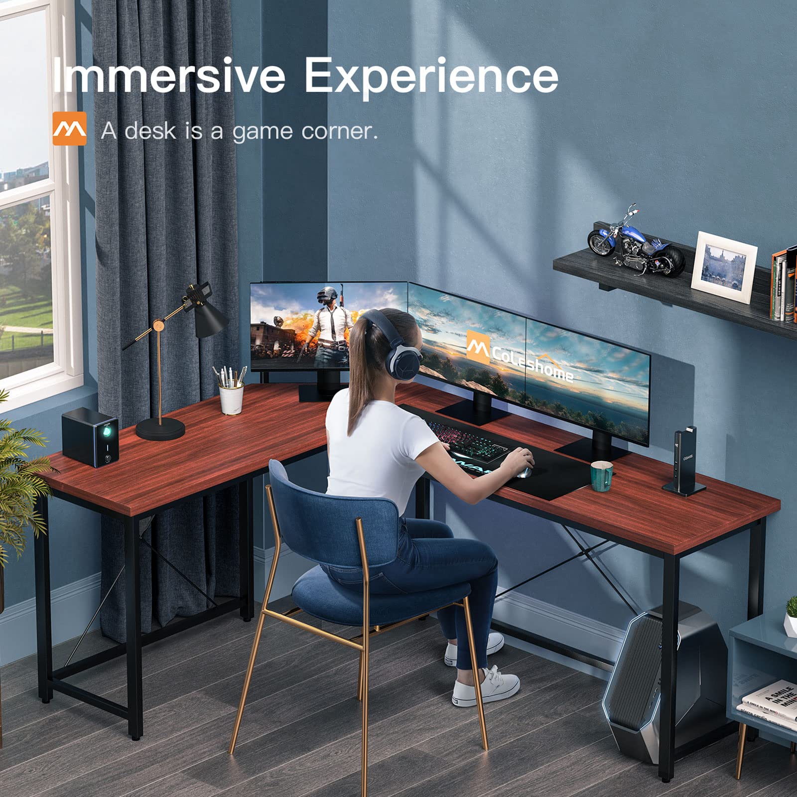 Coleshome 66" L Shaped Gaming Desk, Corner Computer Desk, Sturdy Home Office Computer Table, Writing Desk, Larger Gaming Desk Workstation, Teak
