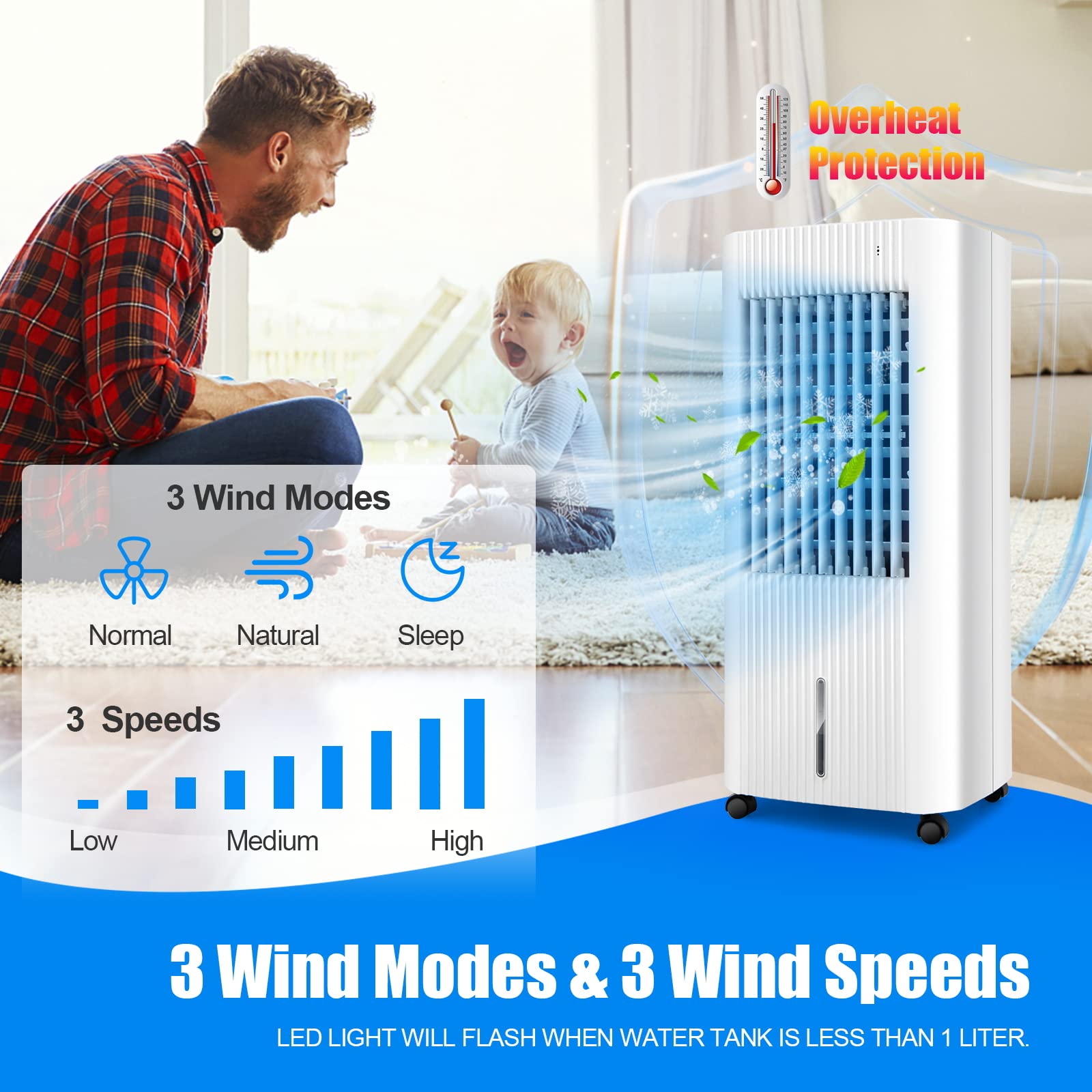 COSTWAY Portable Evaporative Air Cooler, 60°Oscillation Swamp Cooler with Remote Control, 2 Ice Packs, 15H Timer, 1.3 Gal Water Tank, 3 Modes, 3 Speeds, LED Display, Quiet Air Cooler for Bedroom Office Home