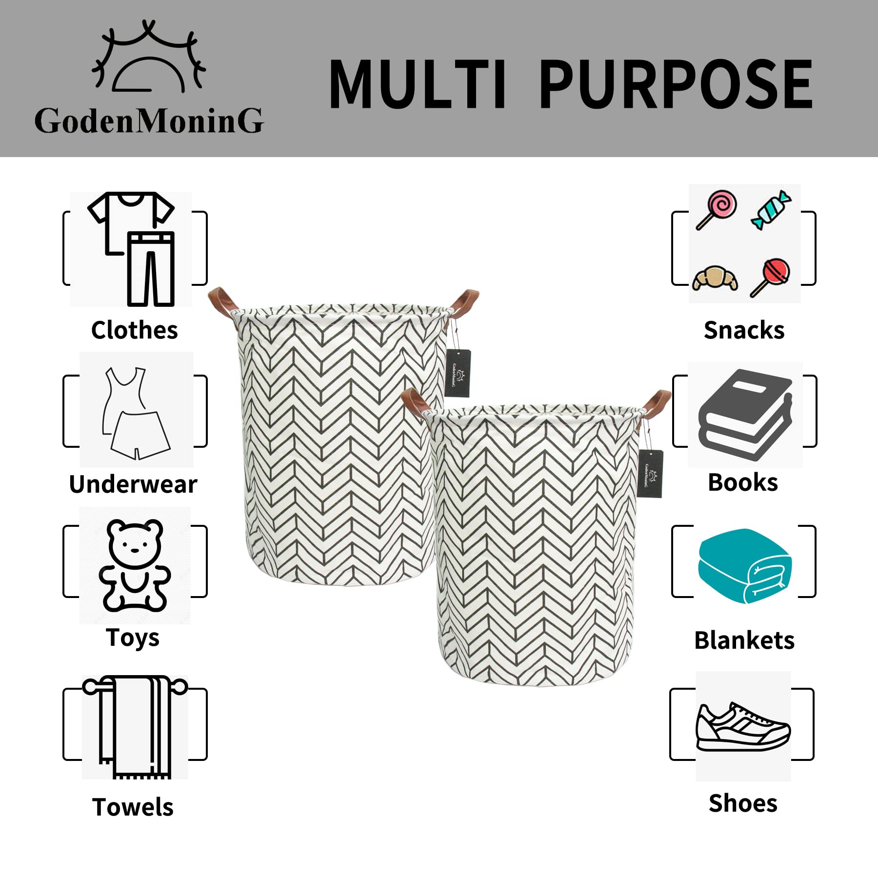 Collapsible Laundry Basket - GodenMoninG 2X 62.8L Large Sized Round Waterproof Storage Bin with Leather Handles,Home Decor,Toy Organizer,Children Nursery Hamper.(2 PACKS,THICK Flow Mark X2)