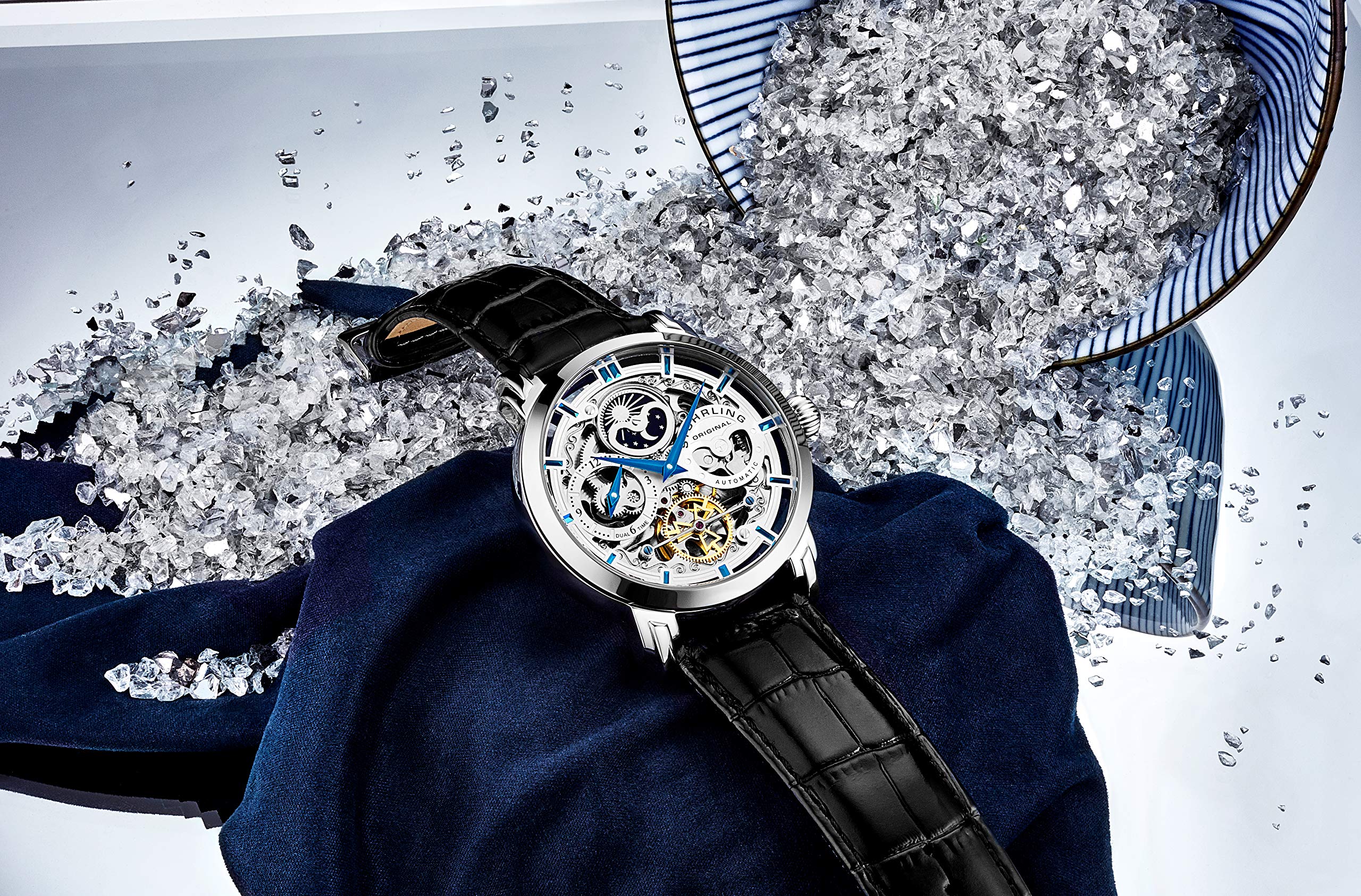 Stuhrling Original Legacy Men's Automatic Watch Stainless Steel 46 MM Case Genuine Leather Strap Watch Black (Silver)