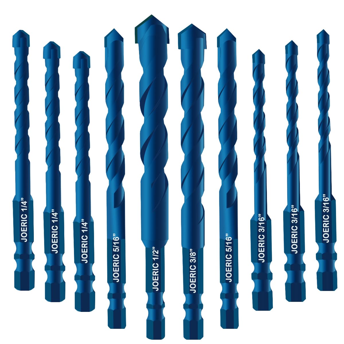 JOERIC 10PCS Blue Masonry Drill Bits, Concrete Drill Bit Ceramic Tile Drill Bit Set Tungsten Carbide Tipped Ceramic Tile Drill Bits for Concrete Brick Glass Plastic and Wood(3/16”-1/2”)