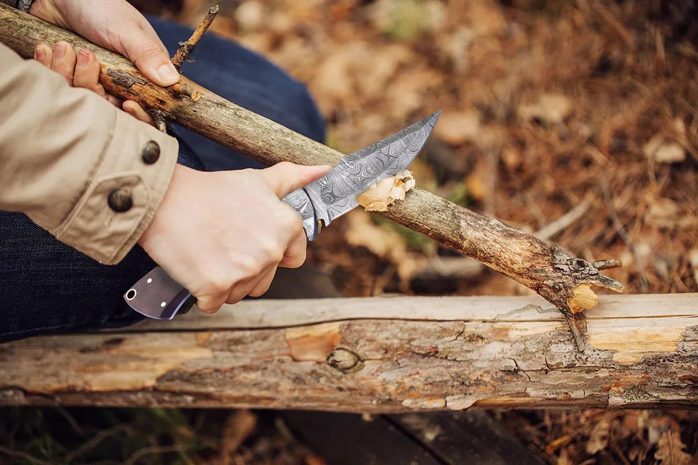 Damascus Steel Hunting Knife Fixed blade knife Damascus Bolster Walnut Wood Handle Mosaic Pin, Bush craft, Outdoor Camping, with Cowhide Leather Sheath β BW-4144