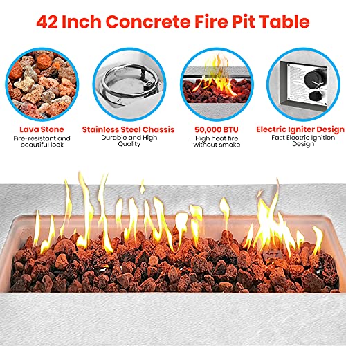 Concrete Outdoor Propane Fire Pit Table - CSA/ETL Certified Safe 50,000BTU Pulse Ignition Weatherproof Square Propane Gas Fire Table - Adjustable Flame, Thermocouple - PVC Cover, Lava Rock- SLFPCN56