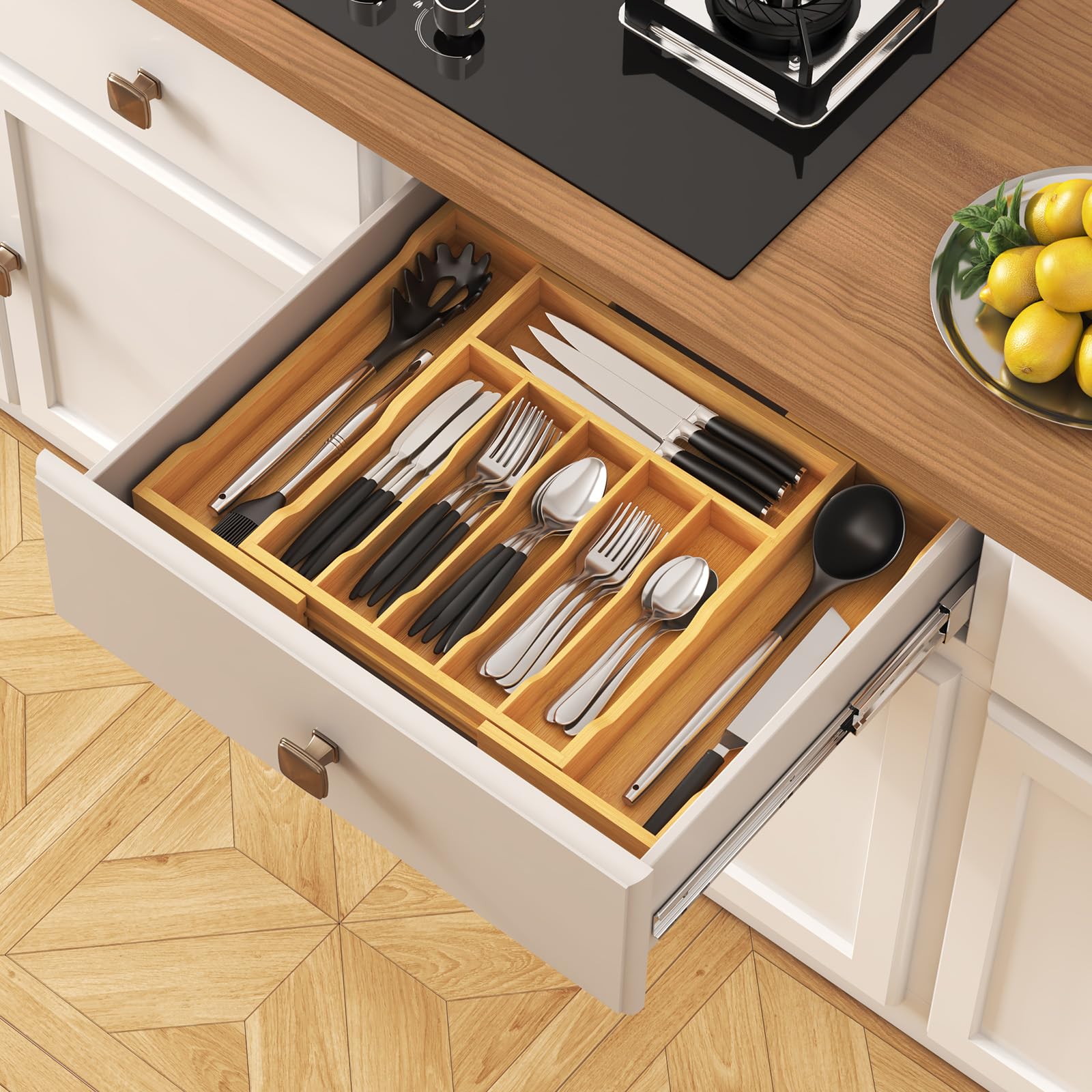 Lifewit Silverware Drawer Organizer, Expandable Utensil Tray for Kitchen, Bamboo Flatware and Cutlery Holder, Wood Adjustable Storage for Spoons Forks Knives, Large, Natural
