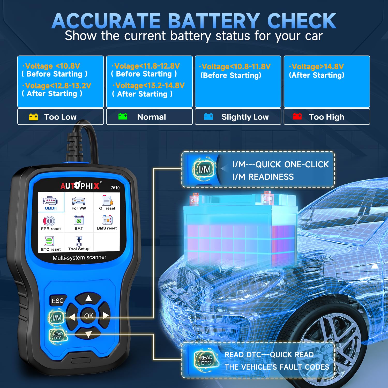 Car Code Reader for VW Audi Skoda Seat All Series, Enhanced AP7610 Full-Systems Diagnostic Scanner With Transmission EPB ABS SRS DPF TPMS Check Engine Oil Service & Brake Pad Reset Tool [New Version]