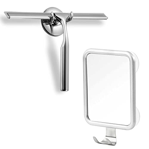 Shower Squeegee for Glass Doors 10 Inches Stainless Steel Squeege for Window and Car, 4 Suctions Shower Mirror