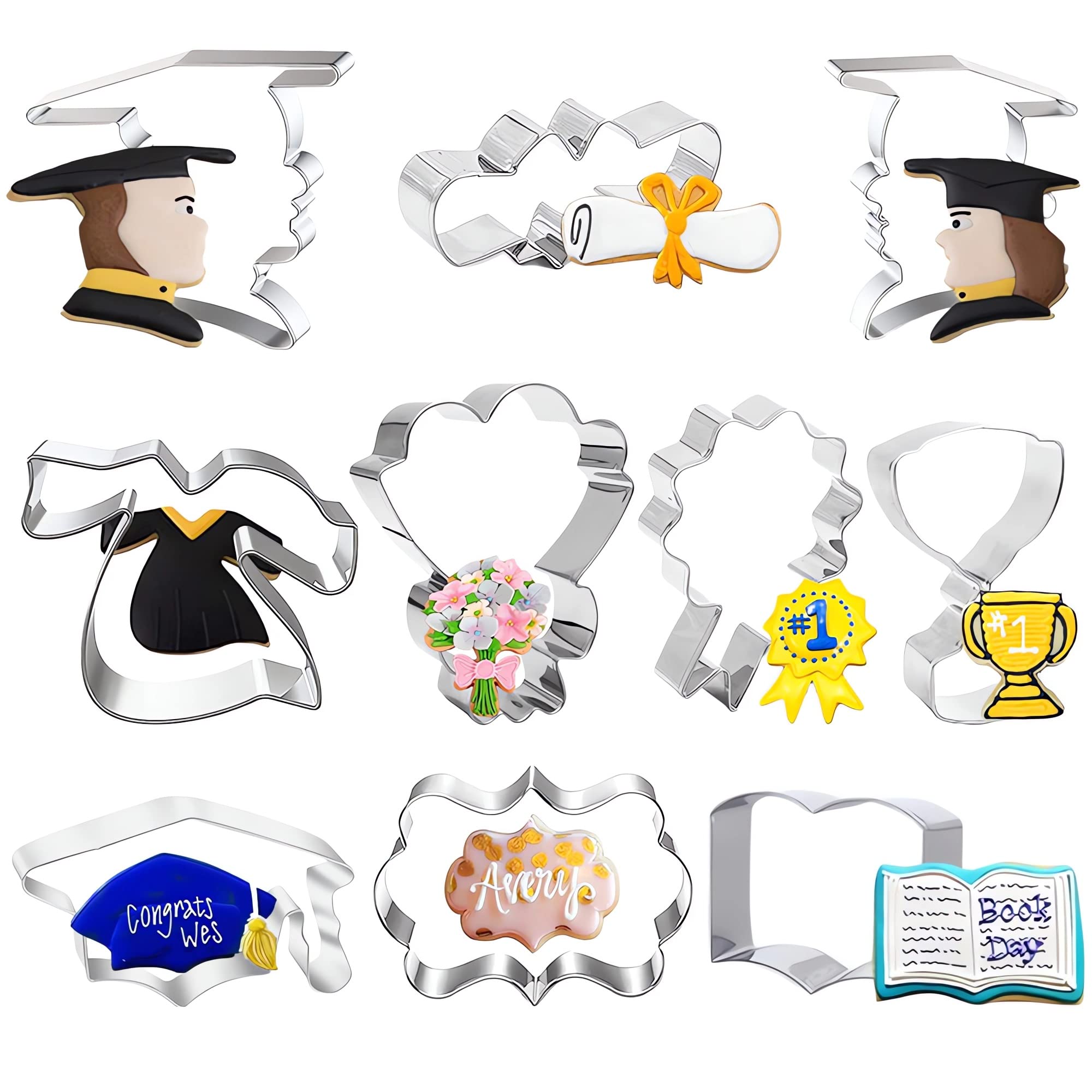 EVECILOO 10PCS 2023 Graduation Cookie Cutters Set, Stainless Steel Cookie Molds, Biscuit Cutter, Metal Dough Cutter, DIY Party Supplies for Kitchen Baking