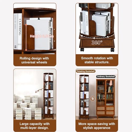 GHBRHBJ Solid Wood Rotating Bookshelf Tower,360 Bookshelf Rotating,Round Bookcase,Narrow Bookshelf with Drawers,Spinning Bookshelf for Home Office, Study Room