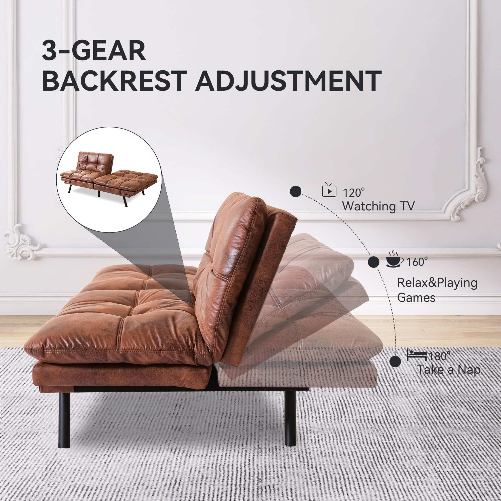 Hcore Futon Sofa Bed, Convertible Futon Couch with Memory Foam, Fuax Leather Sleeper Sofa Couches for Living Room, Apartment,Bedroom, Brown