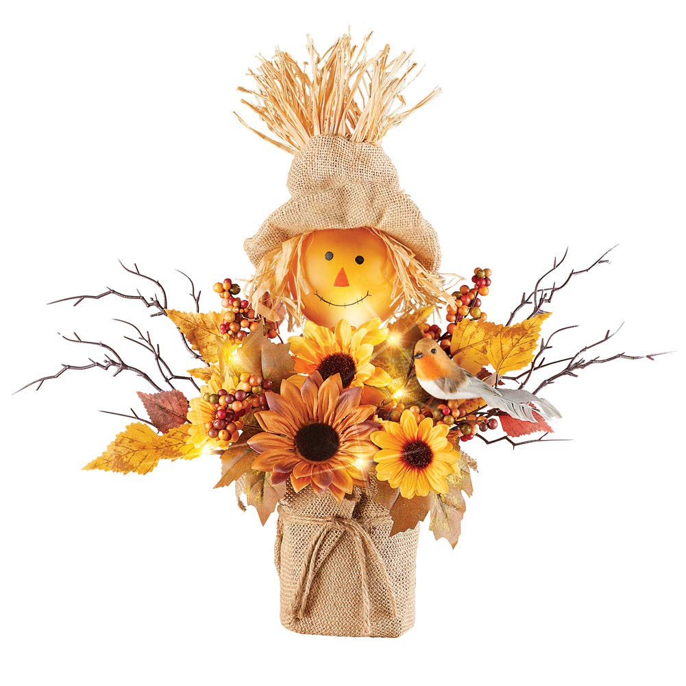 Collections Etc Cute Lighted LED Scarecrow and Sunflowers Harvest Centerpiece Arrangement - Perfect Thanksgiving Tabletop Decoration