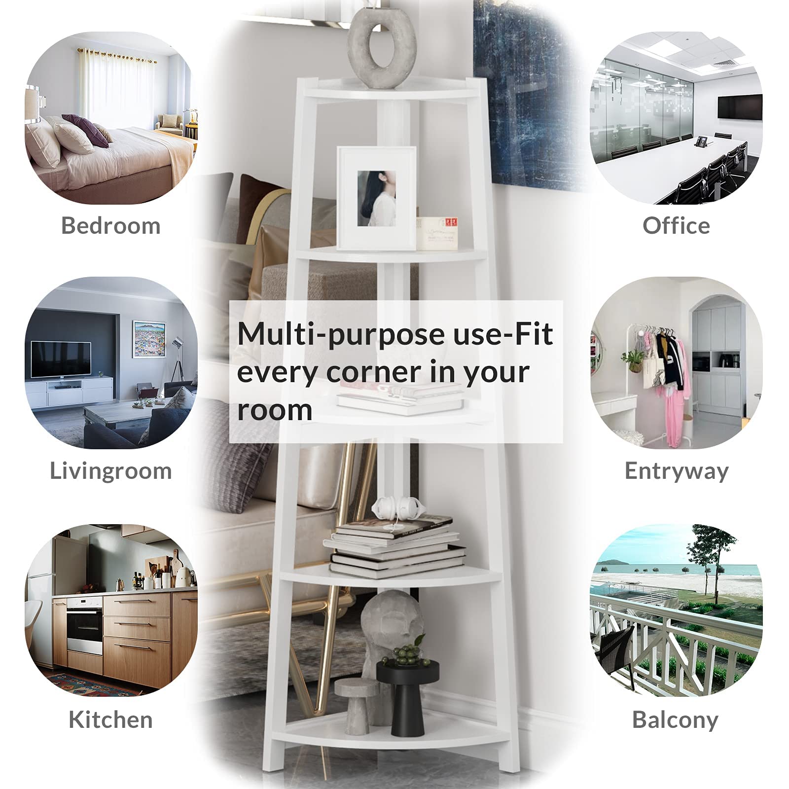 MEETWARM 5 Tier Corner Bookshelf Corner Ladder Shelf Small Bookcase Display Storage Organizer Stand Rack for Living Room Home Office and Kitchen (Coffee)