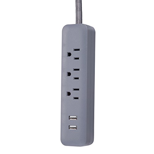 Globe Electric 78252 Designer Series 6ft 3-Outlet USB Surge Protector Power Strip, 2x USB Ports, Surge Protector, Gray Finish