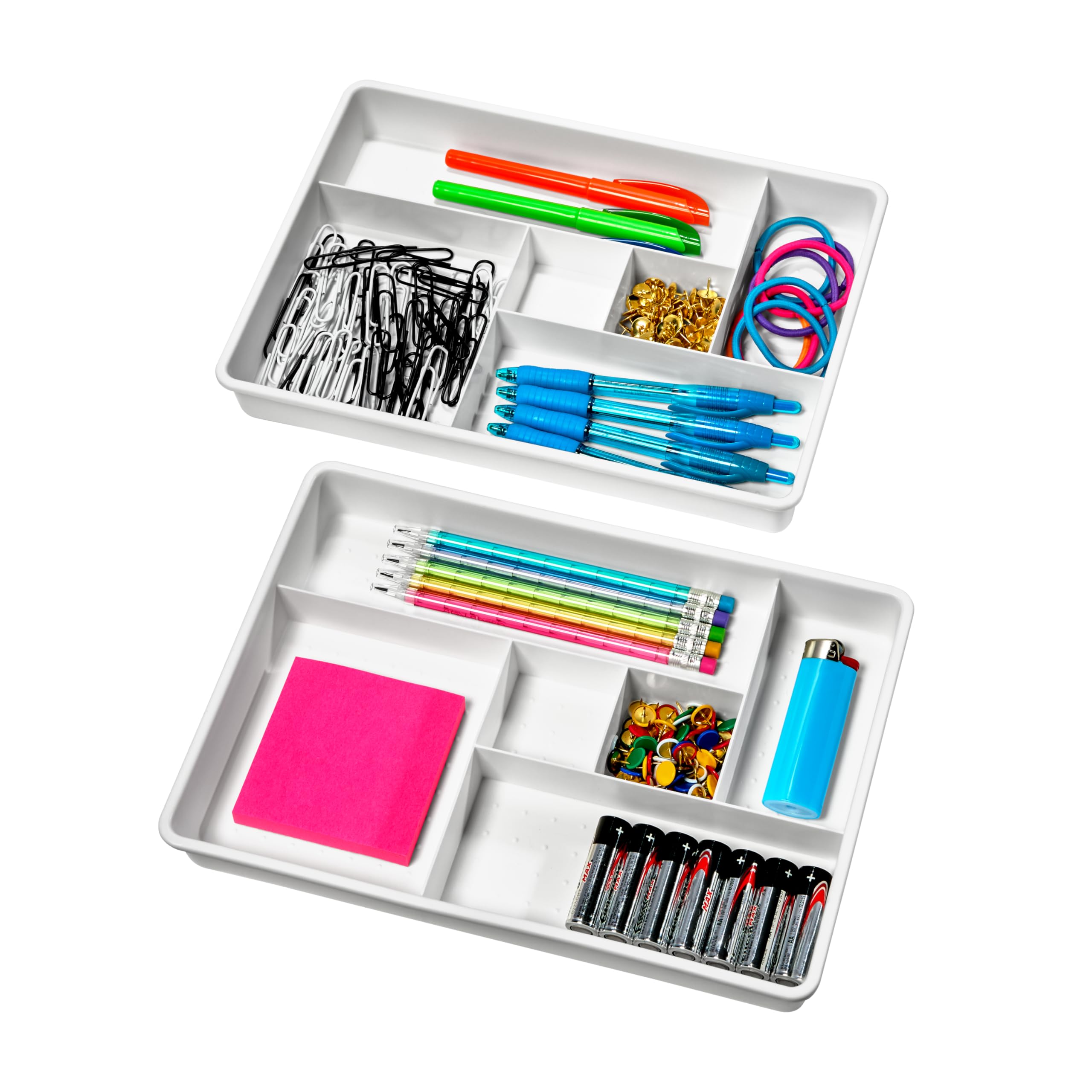 Madesmart Set of 2 Plastic 6-Compartment Drawer Organizer Gadget Trays, Multipurpose Storage Bins for Drawers, White