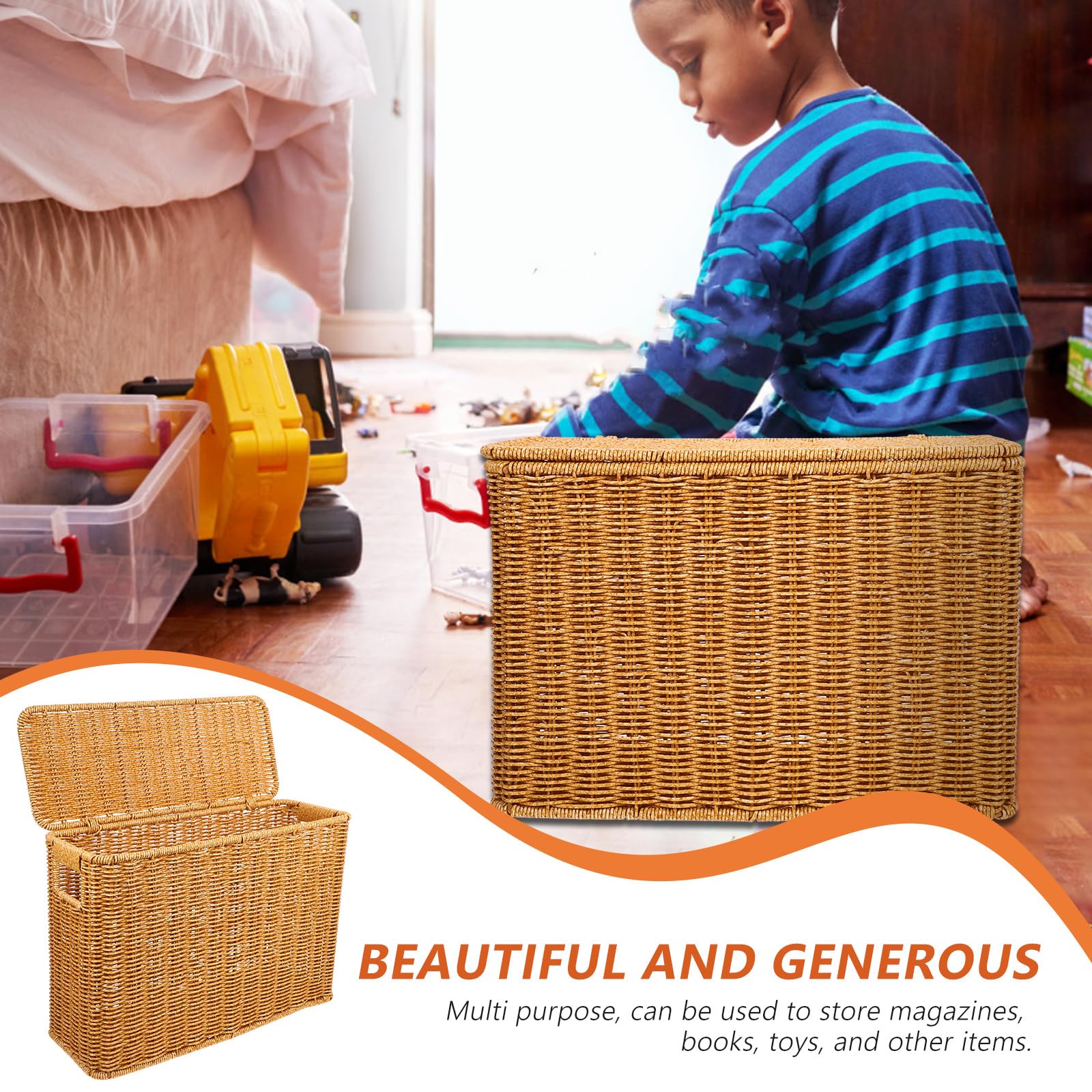 jojofuny Wicker Storage Baskets with Lids, Rattan Magazine Holder, Weave Sundries Basket, Woven Storage Container, for Storage, Living Room, Toy Organizing