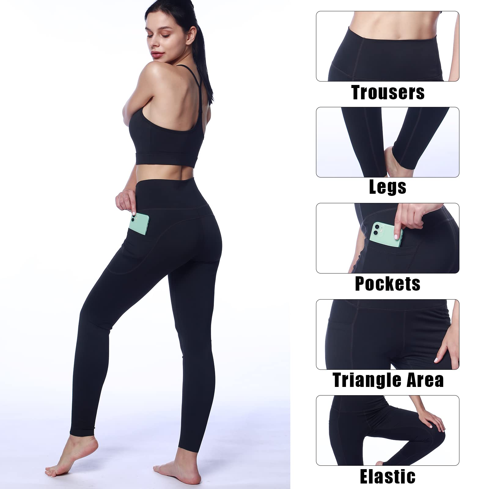 EHKAH Women's Yoga Pants Soft High Waisted Workout 7/8 Length Leggings with Pockets (Complimentary Armband) Black
