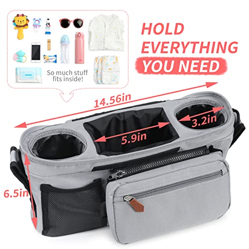 Sunkorto Stroller Organizer with Cup Holder, Universal Stroller Caddy Accessories Baby Stroller Bag Organizer with Detachable Zippered Pocket Non-Slip Straps, Fits For any Stroller - Gray