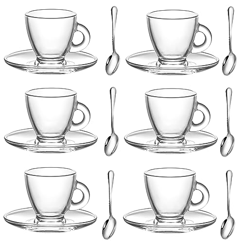 GURUDAR Espresso Cups with Saucers and Spoons Set of 6, Glass Demitasse Cups for Cappuccino Latte Café Mocha Tea and More Beverage, 3.2OZ/95ML, Clear