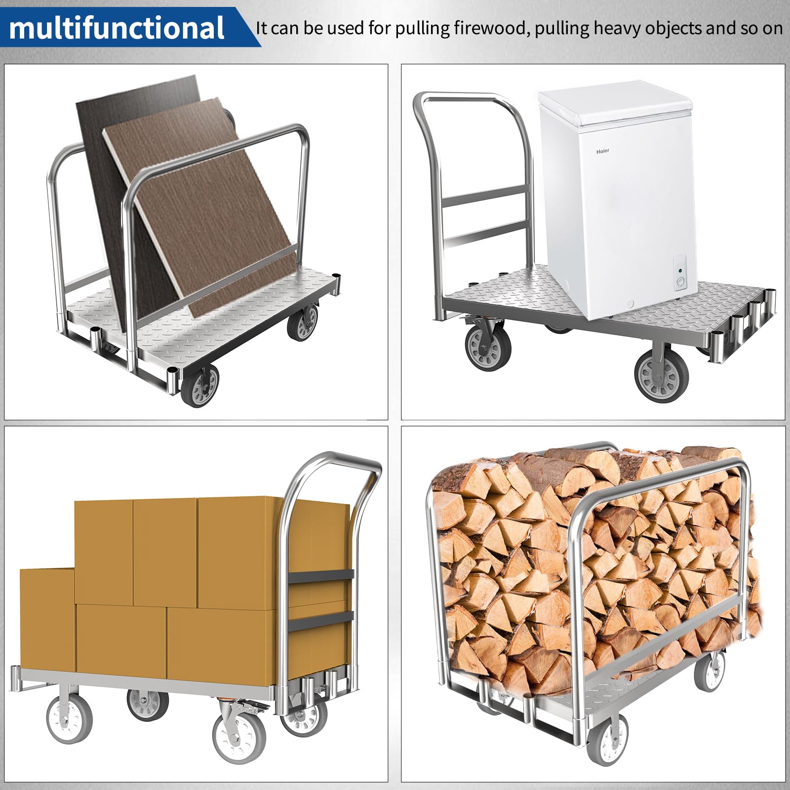Facoba Platform Trucks, Panel Carts Heavy Duty, Drywall Cart, Capacity 2000lbs Platform Ppanel Cart, with 6" Swivel Brake Casters Lumber Cart, 1 Front Armrest and 2 Side Armrests Panel Truck Cart.
