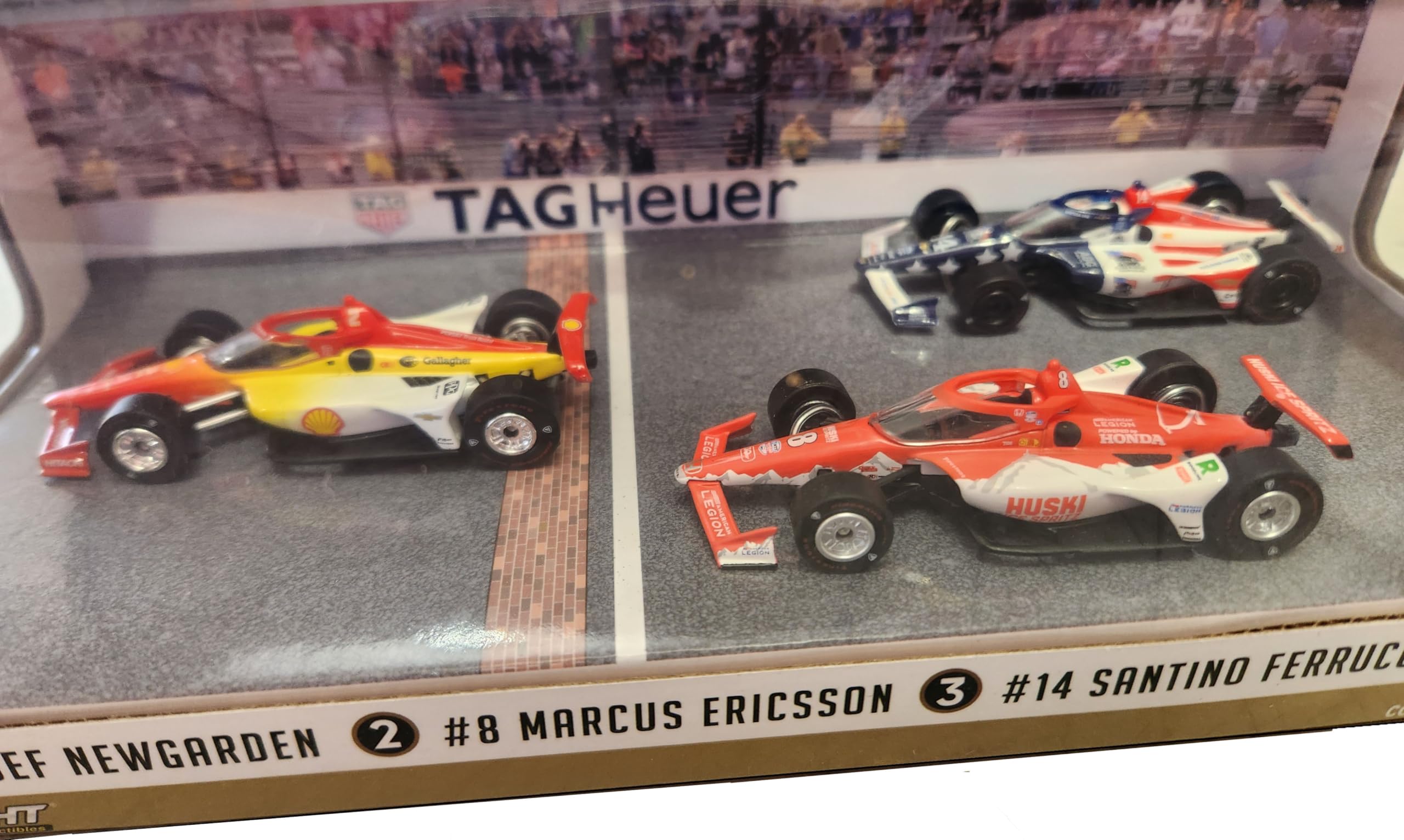 Greenlight 11581 2023 Indianapolis 500 Podium 3-Car Set #2 Josef Newgarden, 8 Marcus Ericsson, 14 Santino Ferrucci 1:64 Scale Indy 500 in Diorama Display Box