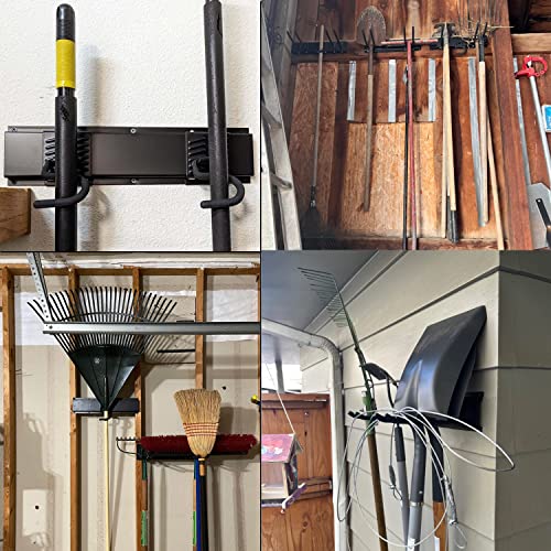 Garage Tool Organizer Wall Mount, 12 PCS Garden Tool Rack Garage Storage, 8 Heavy Duty Adjustable Hooks Steel and 4 Rails Aluminum, 450 LBS Max Load