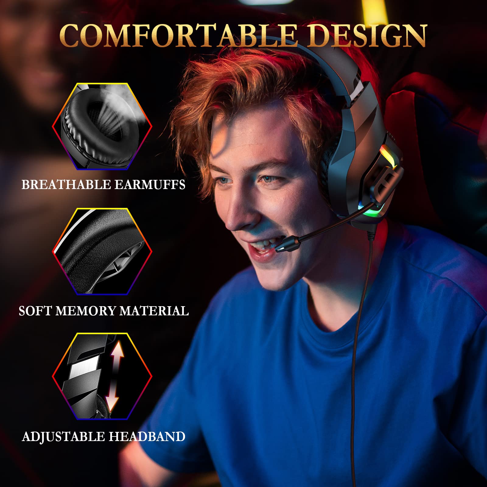 Gaming Headset for PS4 PS5 Xbox one PC, PS4 Headset with Noise Cancelling Mic, RGB Light, Soft Memory Earmuffs for Mac Laptop
