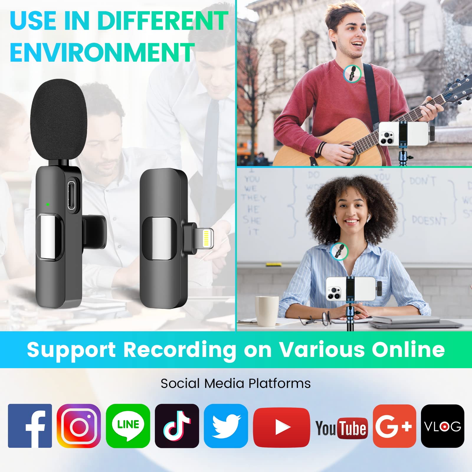 EJCC Wireless Microphone for iPhone iPad, Mini Microphone with Clearer Audio, Plug-Play Wireless Microphones, Wireless Lavalier Microphone, Microphone for Video Recording, TikTok, Interview,YouTube